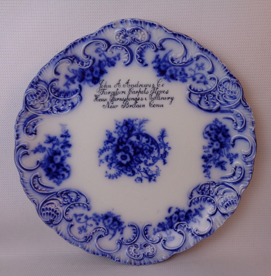 Antique Flow Blue Trilby Advertising Plate, Wood and Son Flow Blue ...