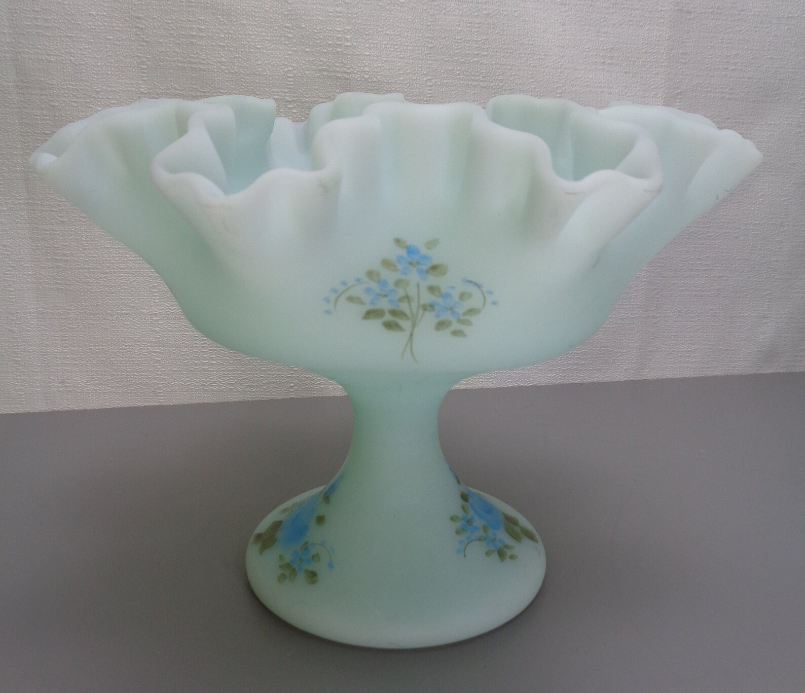 Vintage Fenton Satin Glass Ruffled Compote Blue Rose, Fenton Light Blue ...