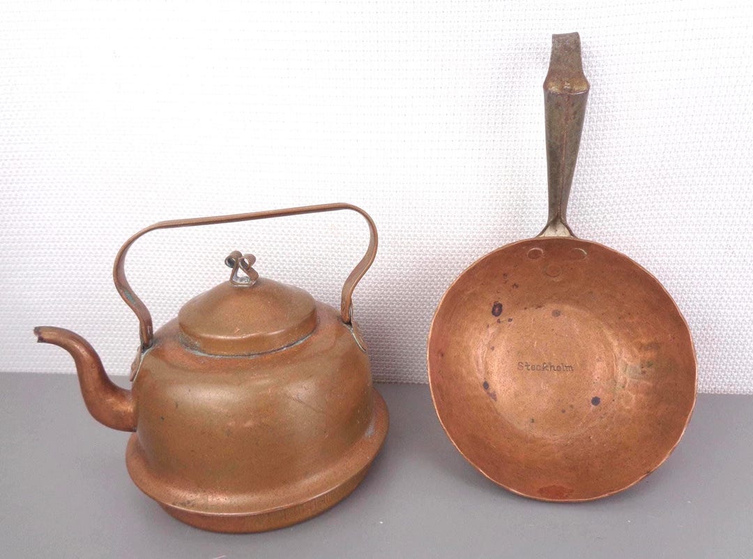 Vintage Sweden Copper Miniature Tea Kettle and Frying Pan, Vintage ...
