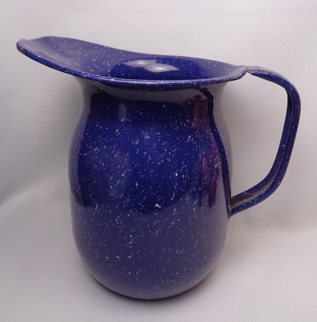 Vintage Large WWII Blue Enamelware Spatterware Pitcher, Vintage WWII US ...