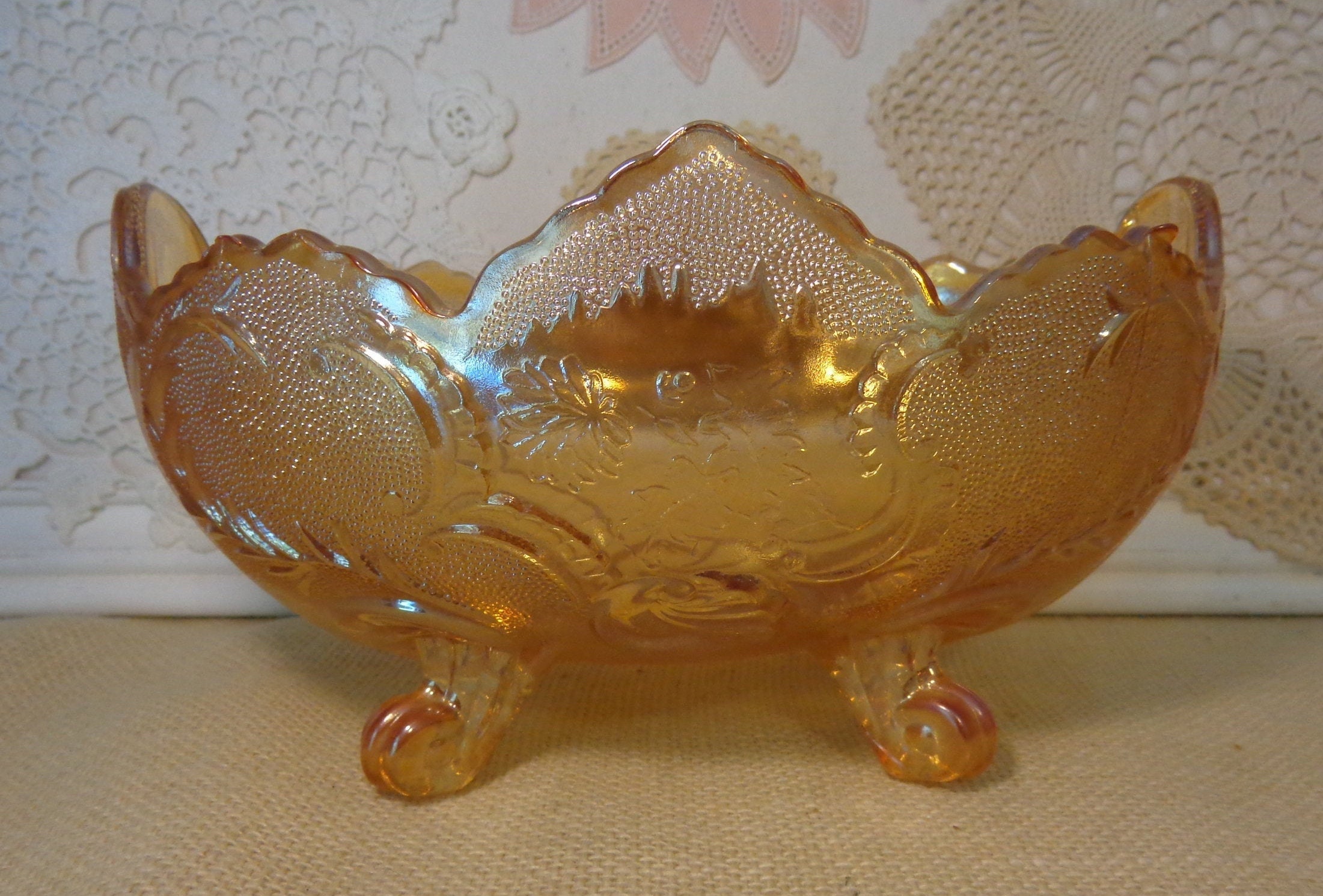 Vintage Amber Marigold Luster Carnival Glass Footed Oval | Etsy