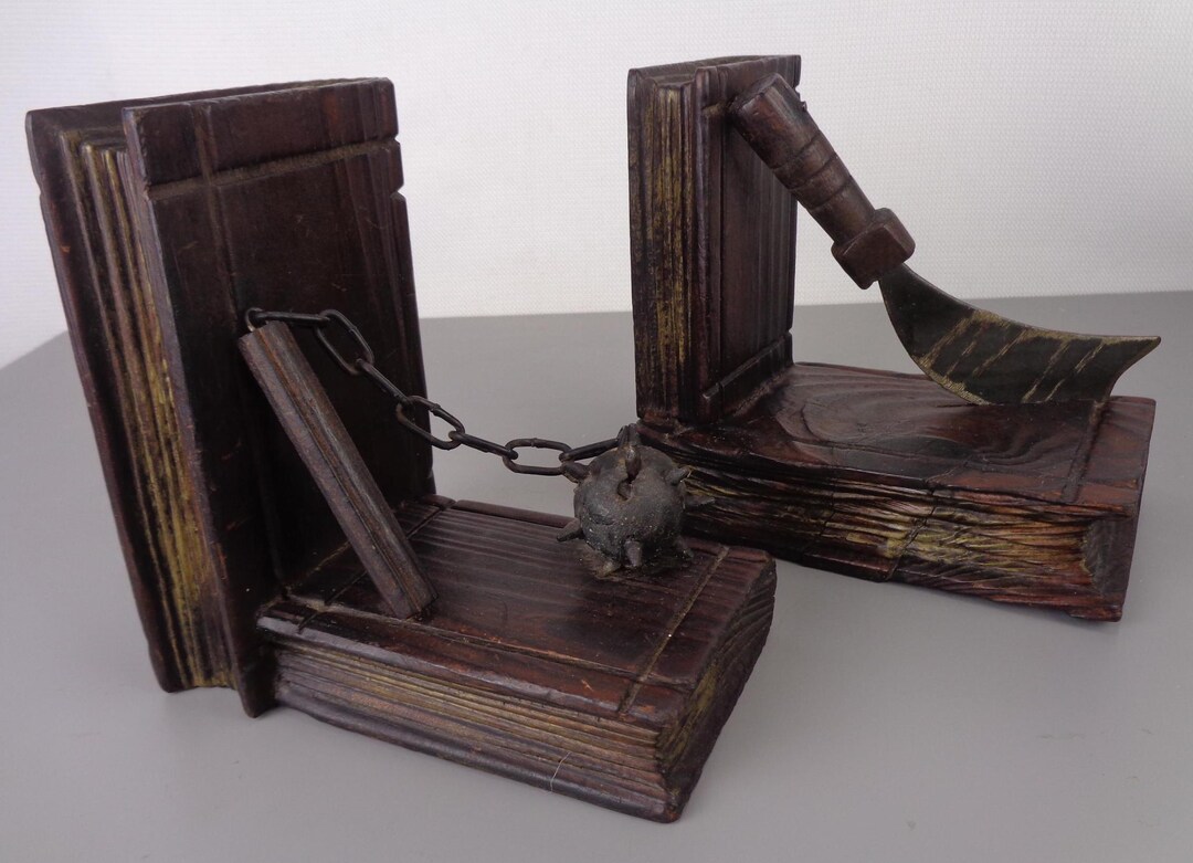 Vintage Carved Wood Medieval Scimitar Ball and Chain Bookends, Vintage ...
