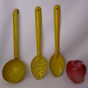 Vintage Yellow Enamelware Ladle, Slotted Spoon and Serving Spoon ...