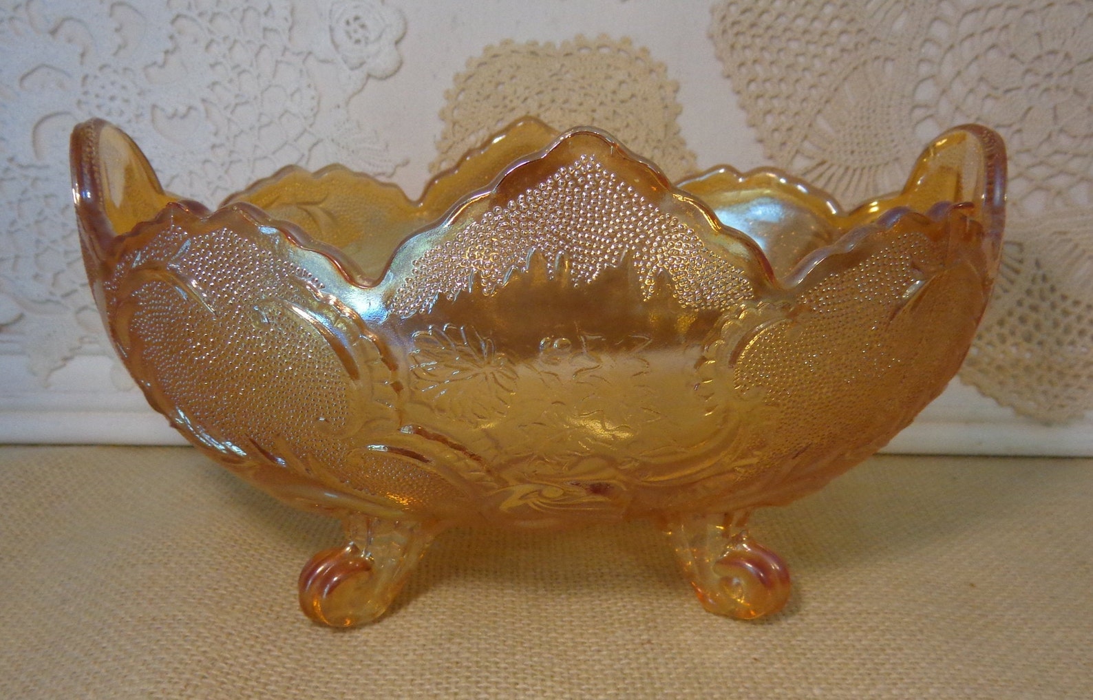 Vintage Amber Marigold Luster Carnival Glass Footed Oval | Etsy