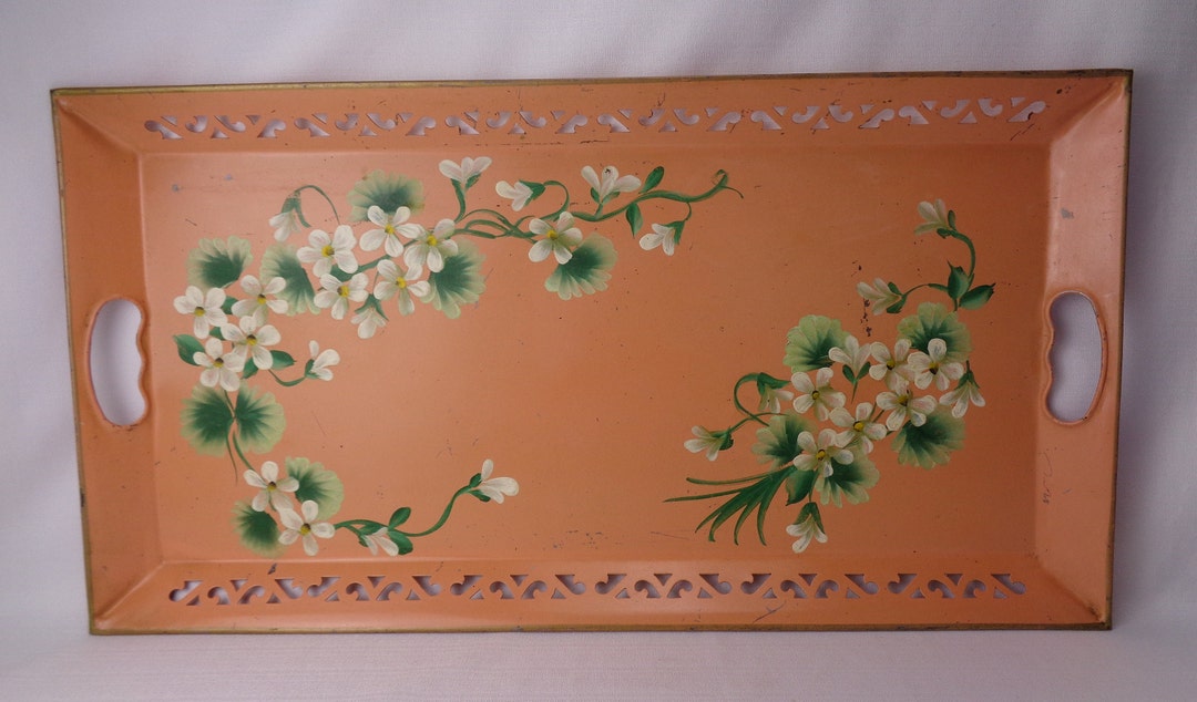 Vintage Long Shabby Chic Pink Tole Ware Floral Tray Vintage - Etsy