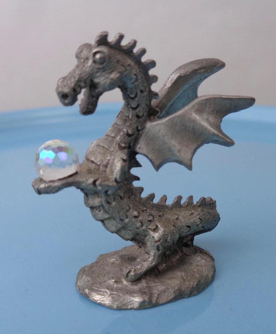 Vintage 1988 Pewter Spoontiques Dragon Holding Crystal Figurine ...