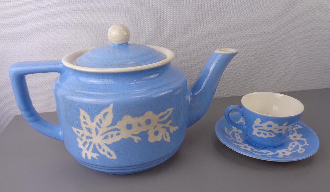 Vintage Harker Cameoware Blue Teapot and Demi Teacup, Saucer, Vintage ...