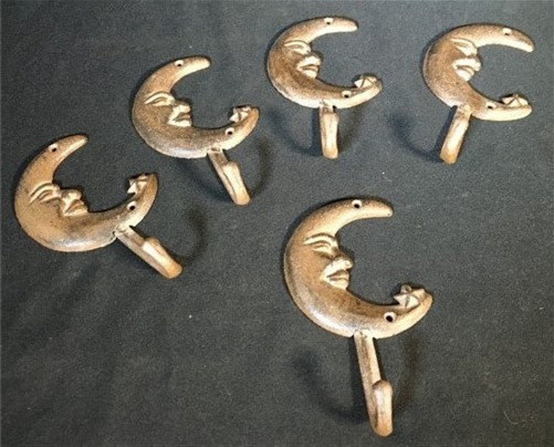 5 Cast Iron Man in the Moon Hooks, Rustic Hardware, Wall Mount Hardware ...
