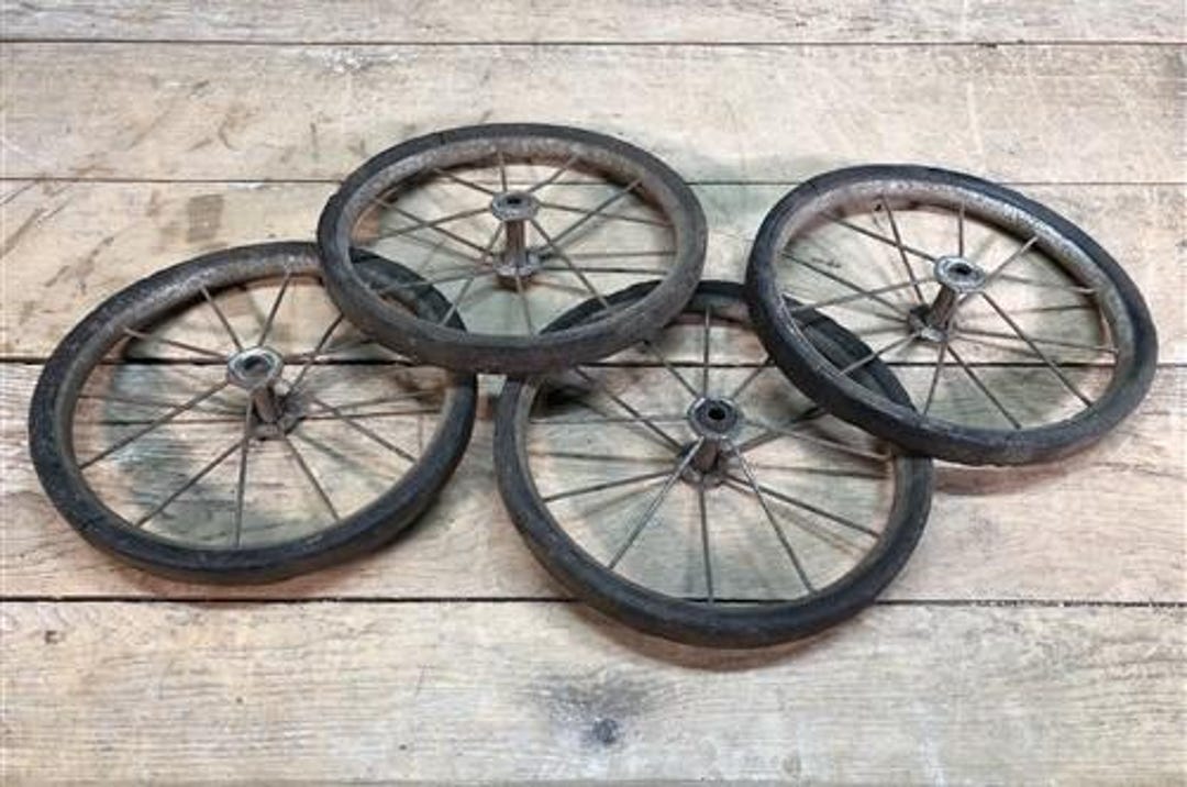 4 Vintage Metal Spoke Baby Buggy Wheels Pedal Car Garden Cart Pumpkin ...