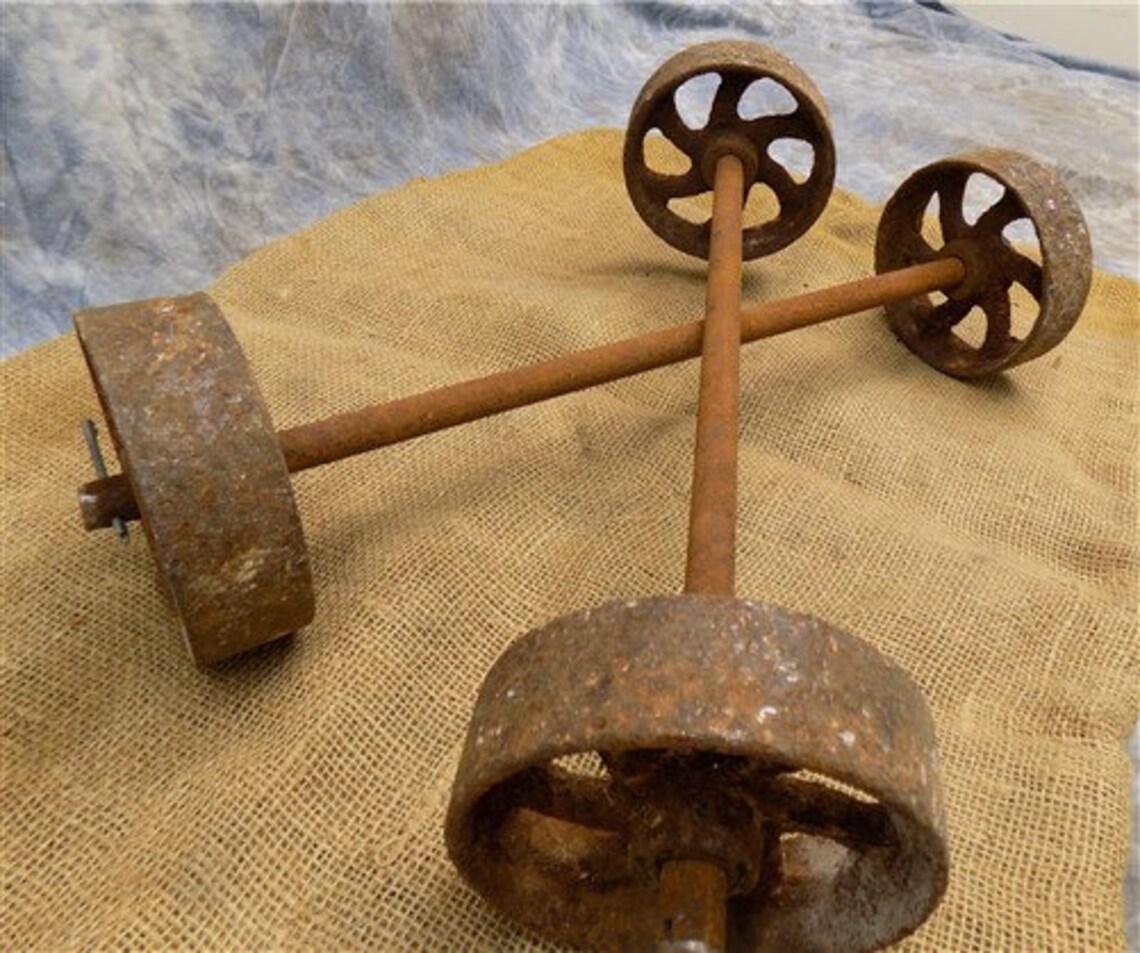 4 Factory Cart Wheels & 2 Axles Cast Iron Vintage Lineberry | Etsy
