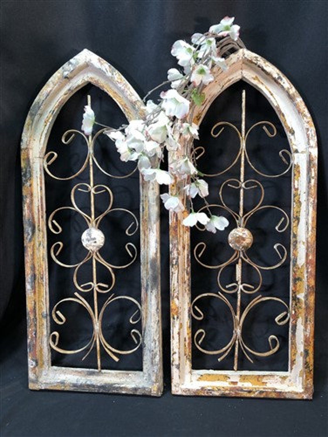 Pair Arched Wood Metal Gothic Window Frames, (12x29) Distressed Wall ...