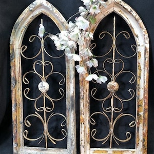 Pair Arched Wood Metal Gothic Window Frames, (12x29) Distressed Wall ...