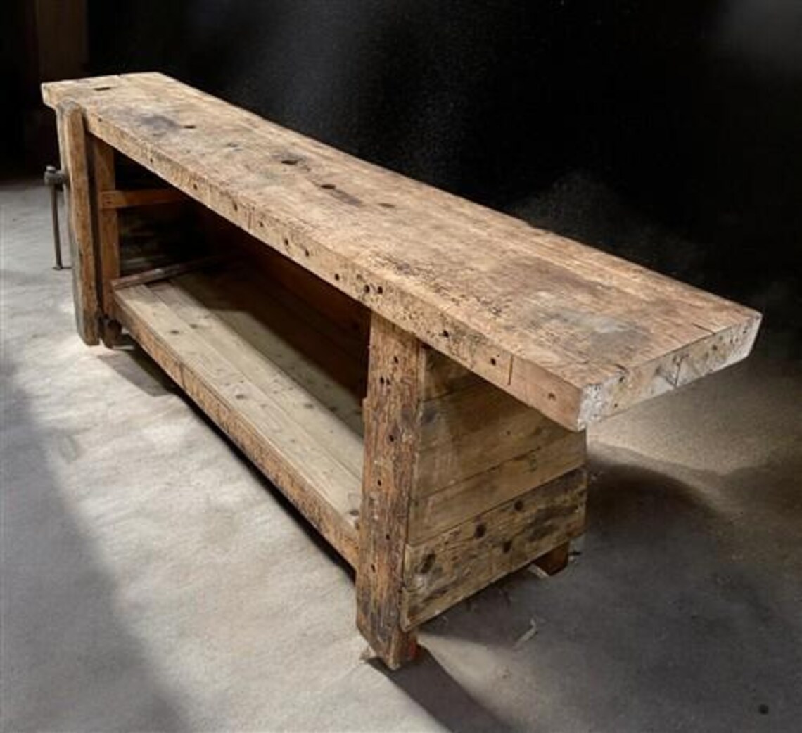 Rustic Work Table, Vintage Carpenter's Workbench, Woodworking Console ...