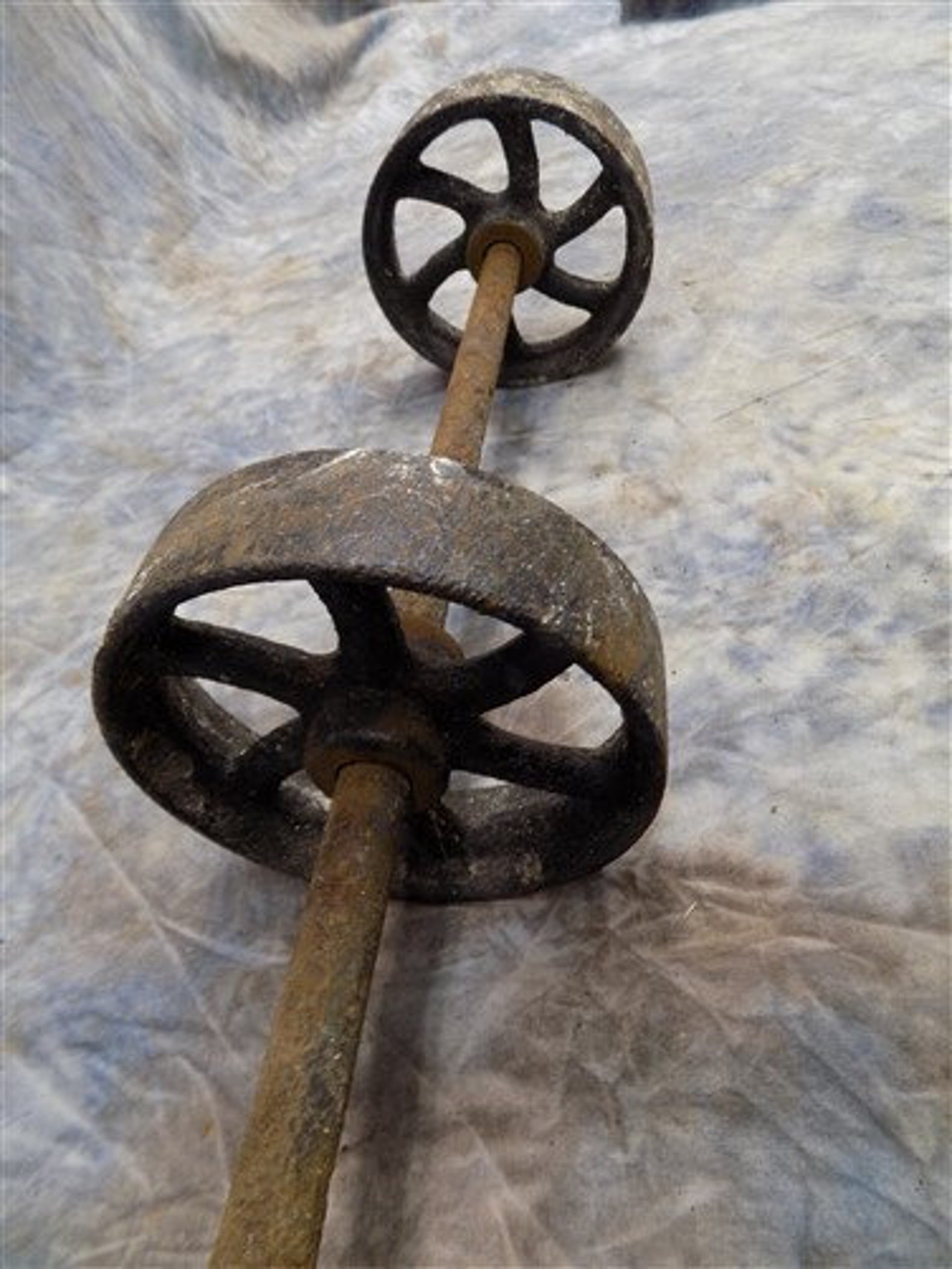 4 Factory Cart Wheels & 2 Axles Cast Iron Vintage Lineberry Industrial ...
