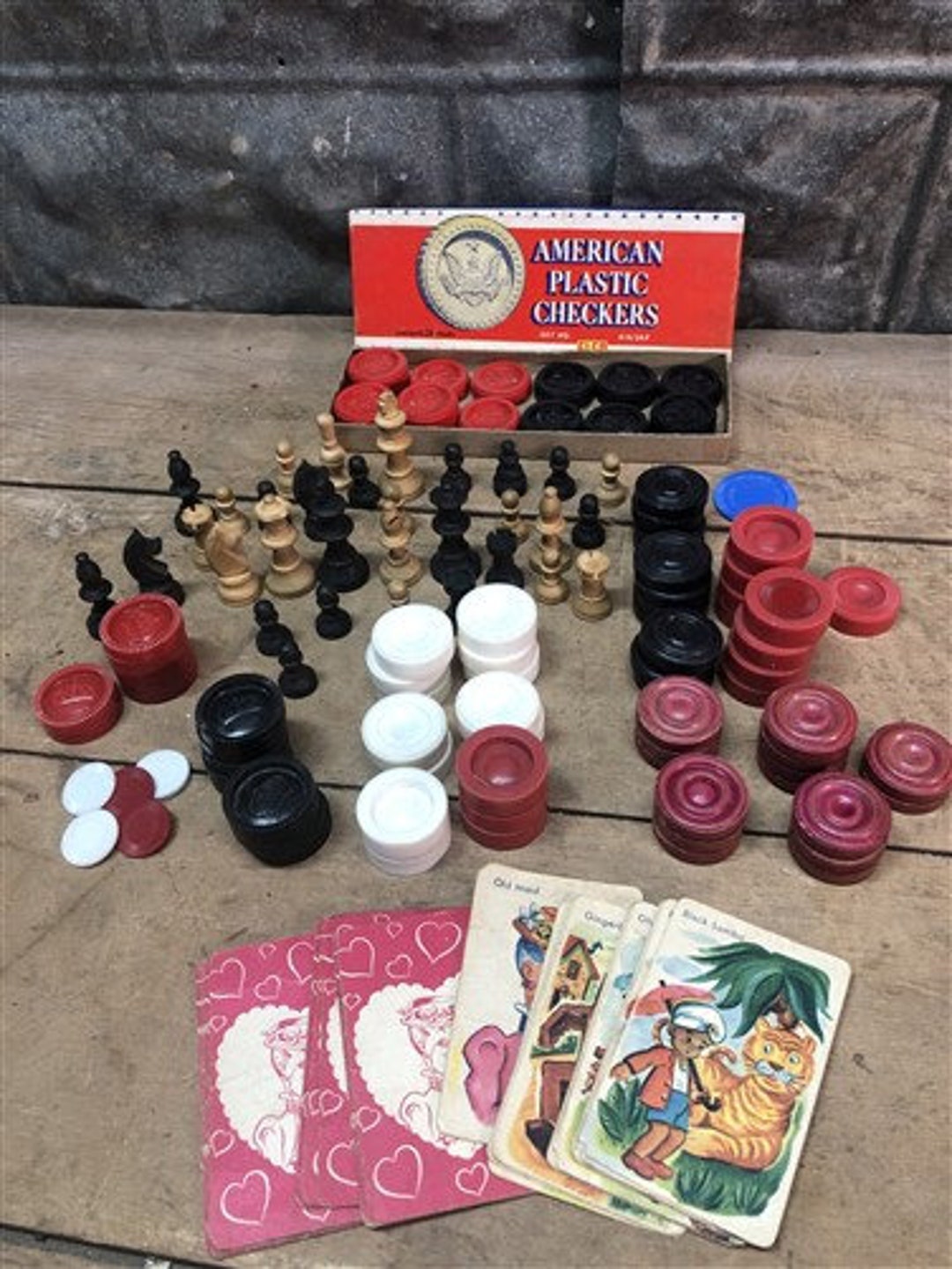 Game Pieces Lot, Plastic Checkers, Wood Chess Pieces, Vintage ...