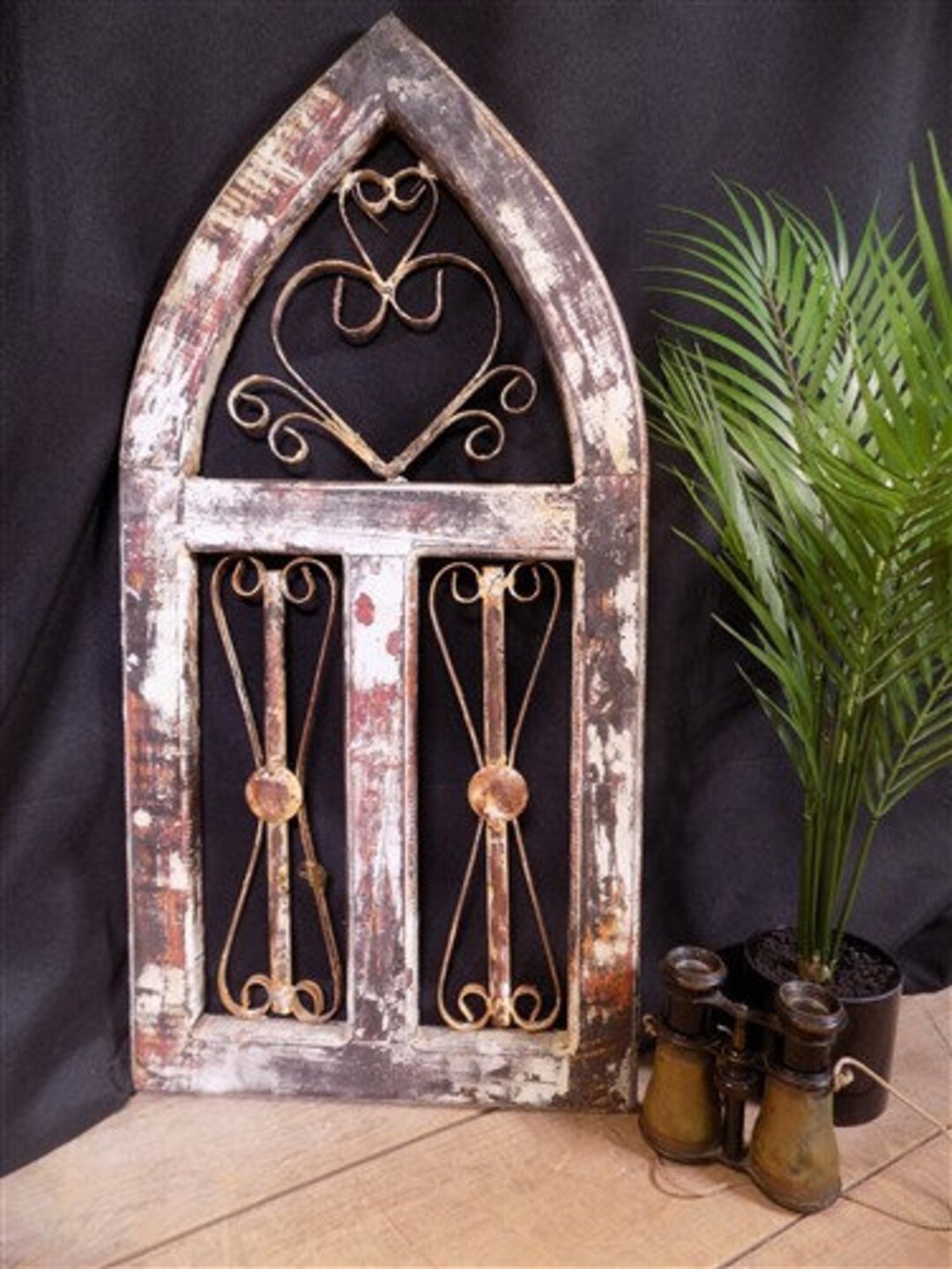 White Metal Heart Wood Window Frame, Arched Architectural Rustic Wall ...