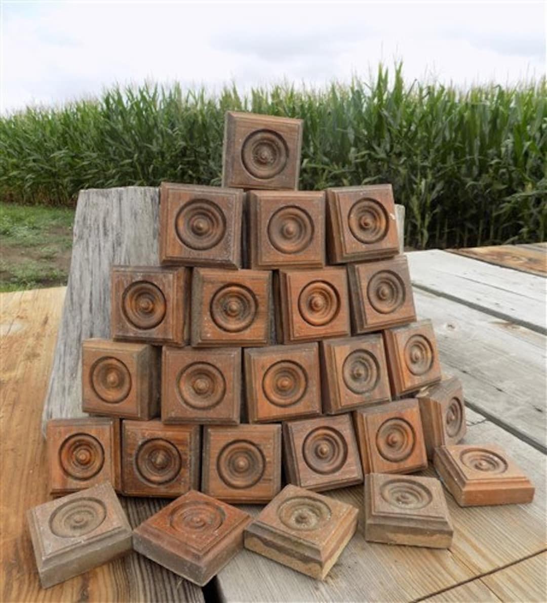 24 Mini Plinth Blocks, Bullseye Rosette, Architectural Salvage, Wood ...