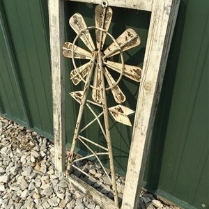 Windmill Wood Metal Window Frame, Rustic Farmhouse Decor, Windmill ...