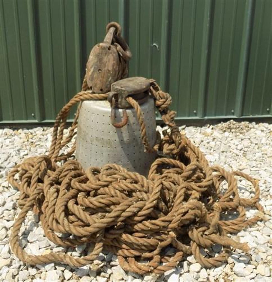 2 Rustic Barn Pulleys & Over 80' Hemp Barn Rope 1" Diameter Used Hay ...