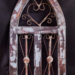 Blue Metal Heart Wood Window Frame, Arched Architectural Rustic Wall ...