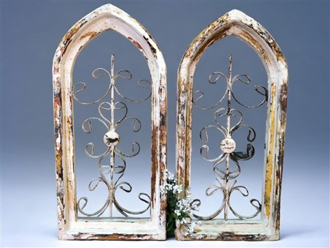 Pair Arched Wood Metal Gothic Window Frames, (10x21.5) Vintage Inspired ...