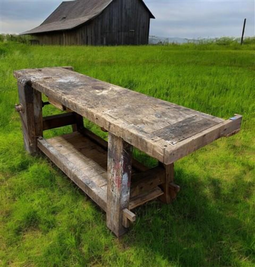 Rustic Work Table, Vintage Carpenter's Workbench, Woodworking Console ...