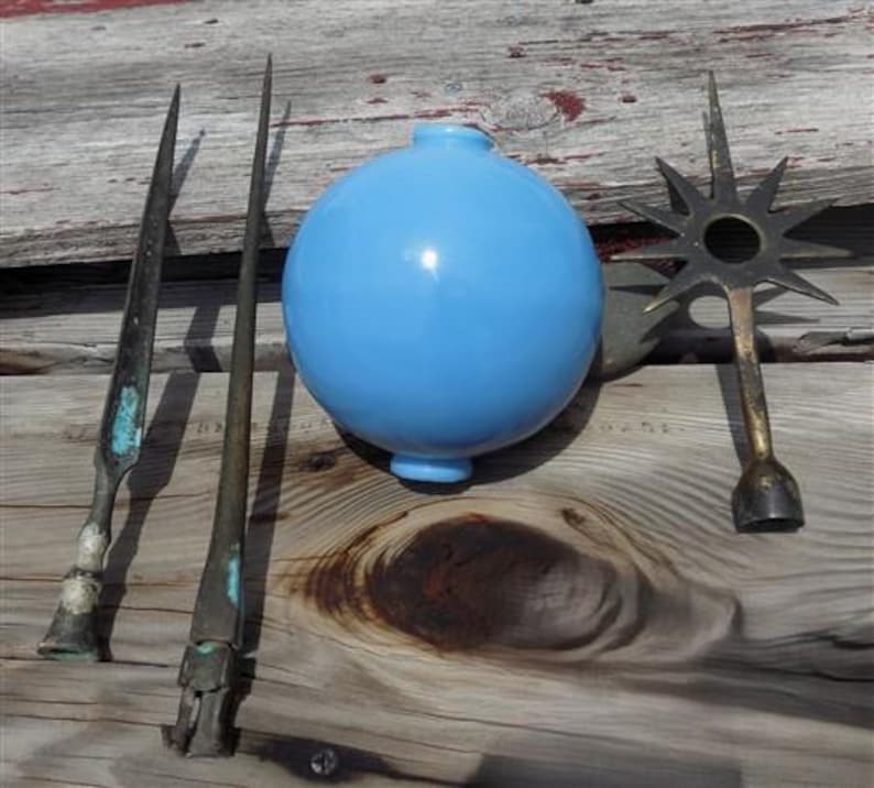 3 Lightning Rod Sunburst Spear Spike Finials, Blue Milk Glass Lightning ...