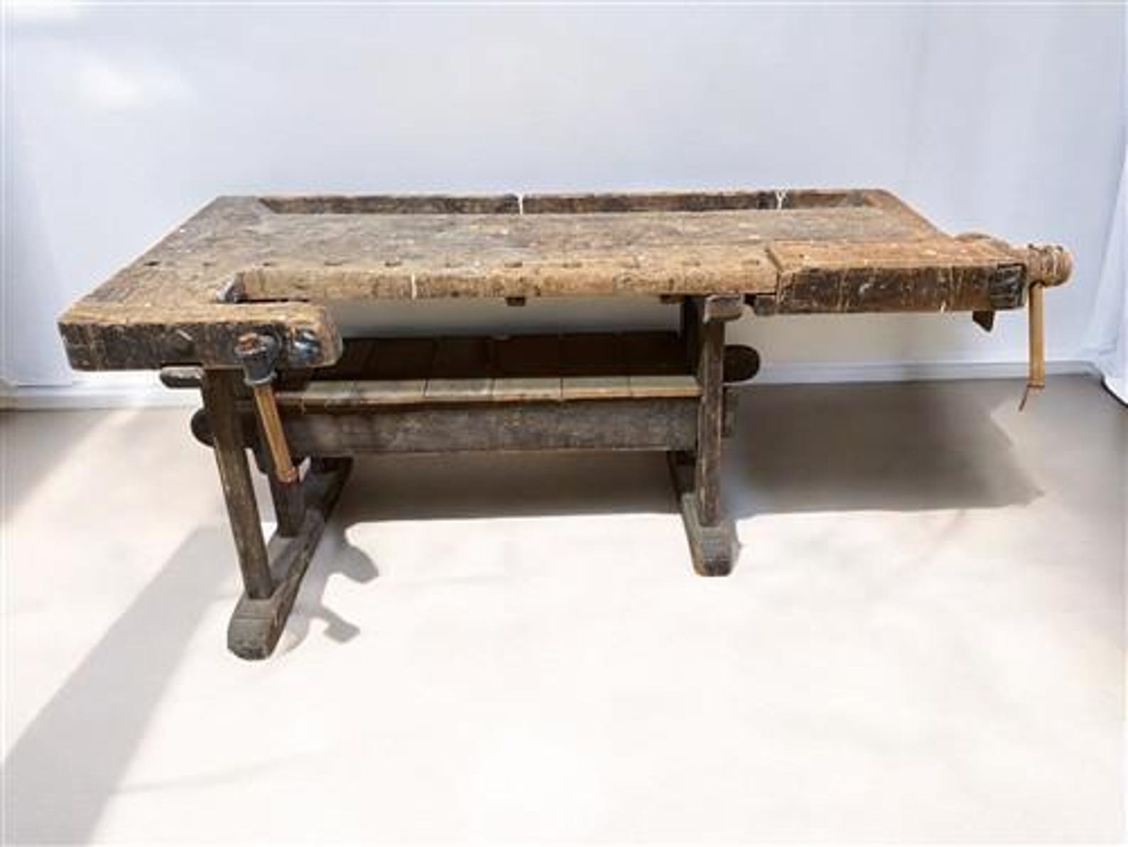 Rustic Work Table, Vintage Carpenter's Workbench, Woodworking Console ...