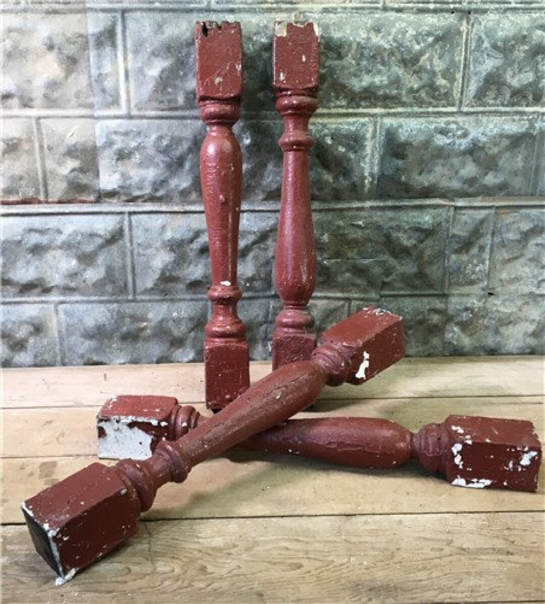 4 Balusters Rustic Red Wood Architectural Salvage Spindle Porch Post ...