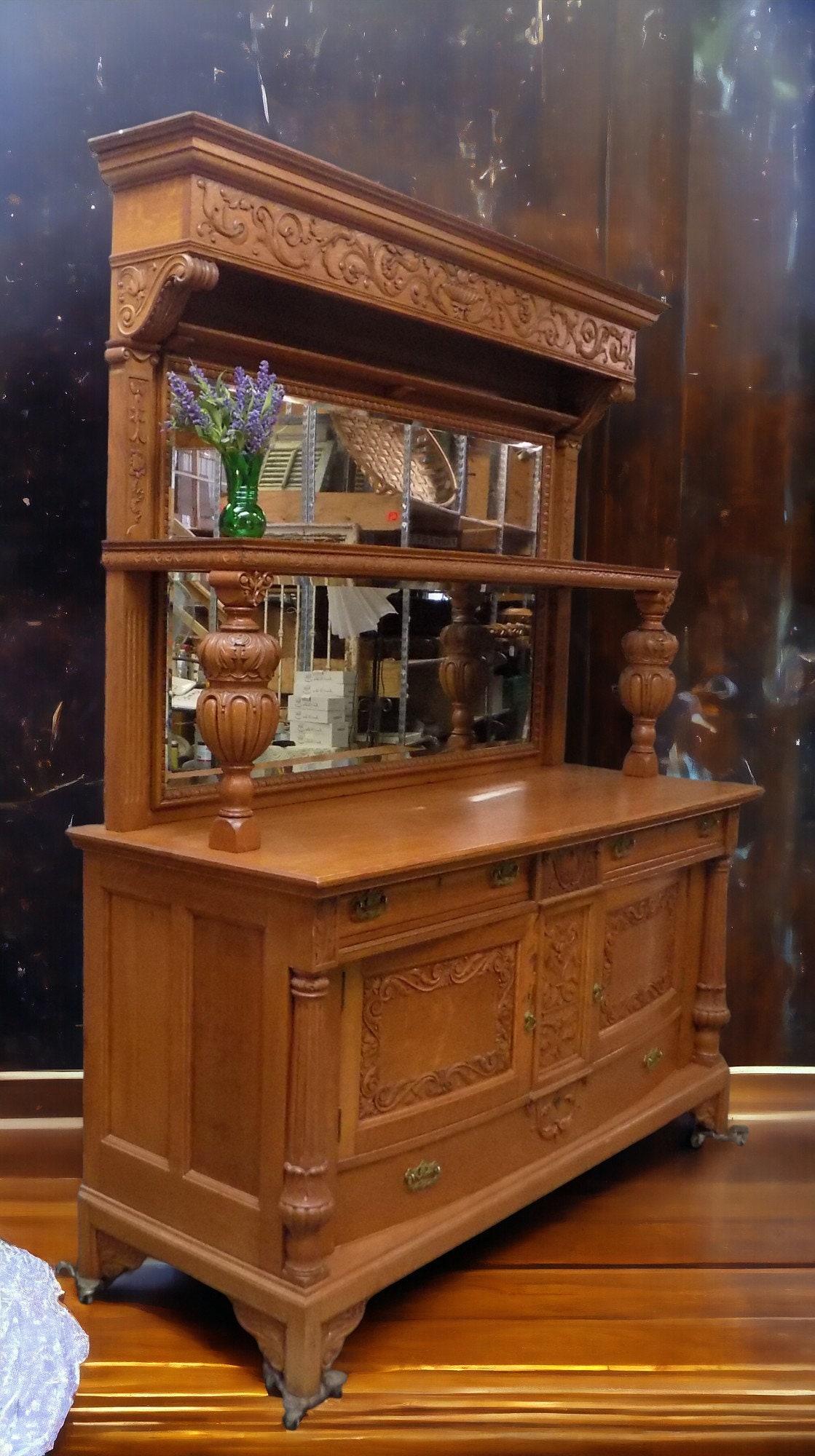 Oak Sideboard Buffet Vintage Dining Room Table Server Mirror Cupboard Dresser Vintage Buffet China Cabinet Vintage Oak Dining Room Set Etsy
