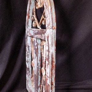 Blue Metal Heart Wood Window Frame, Arched Architectural Rustic Wall ...