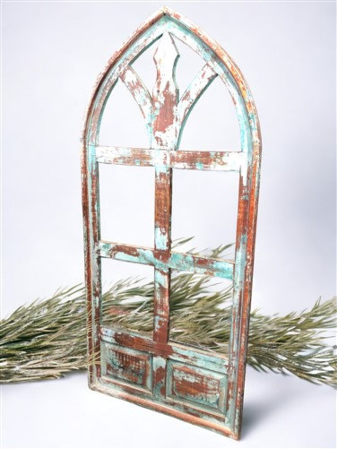 Large Arched Blue French Country Distressed Window Frame, Architectural ...