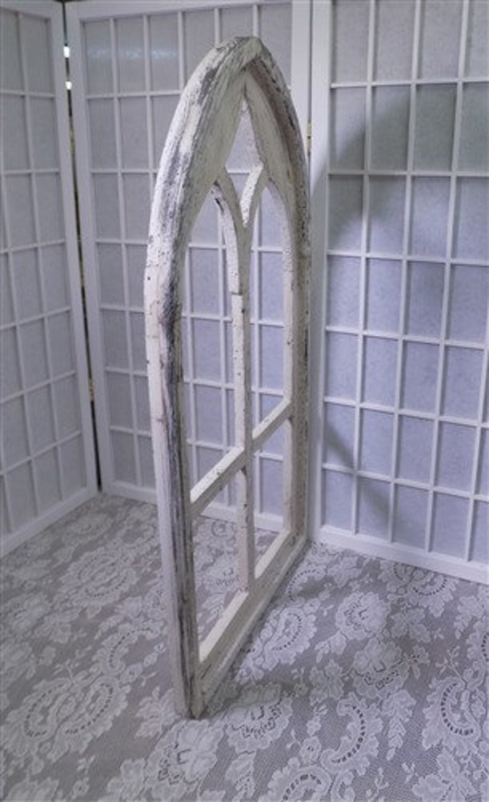 White Diamond Arched Church Window, Wood Cathedral Frame, Farmhouse ...