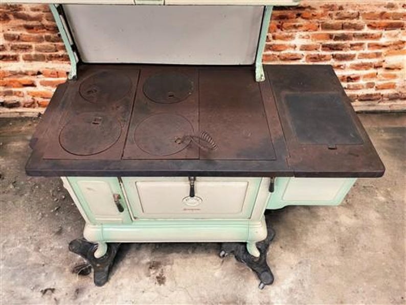 Monogram Stove, Vintage Wood/coal Burning Stove, Cream & Sage Enamel ...