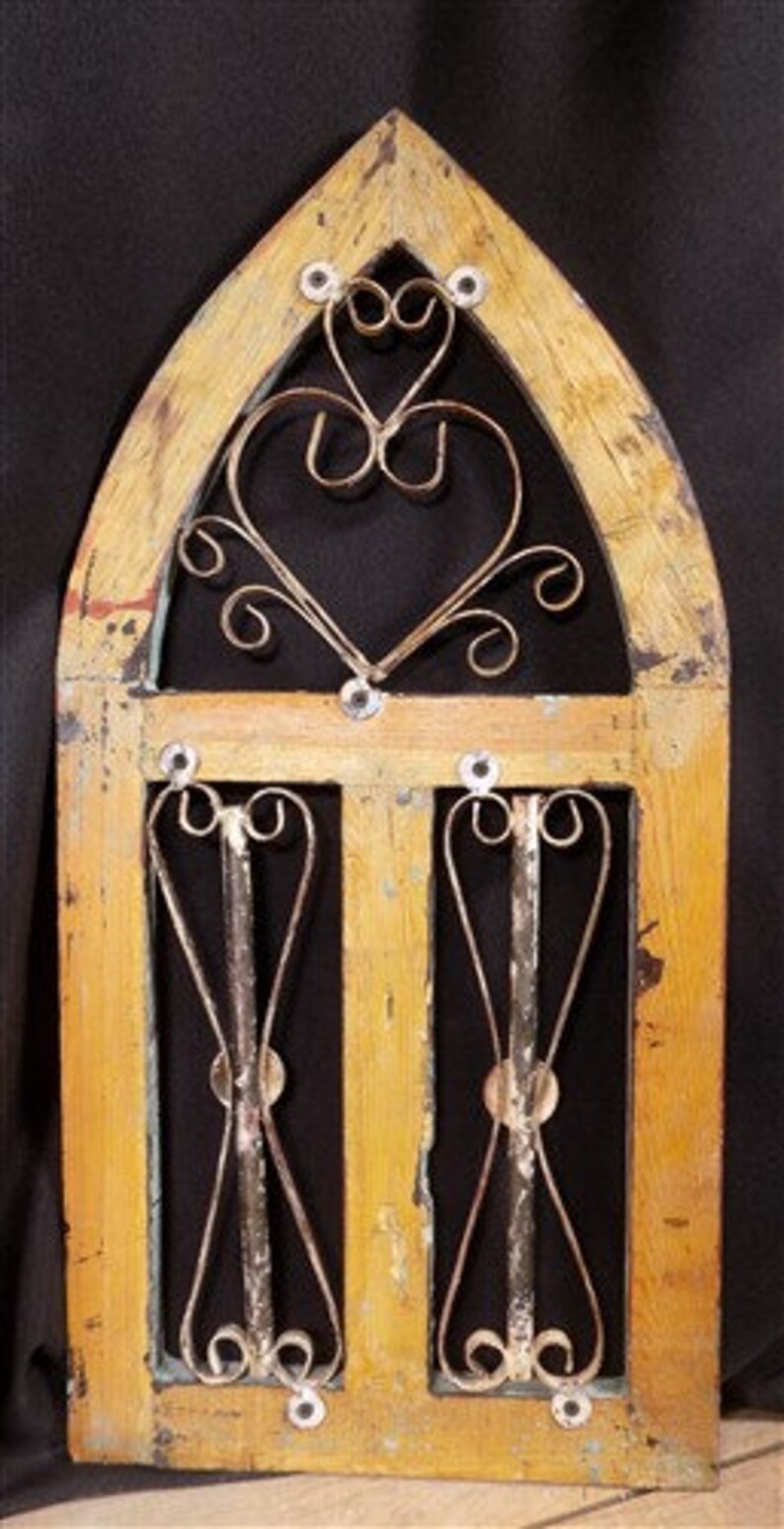 Blue Metal Heart Wood Window Frame, Arched Architectural Rustic Wall ...