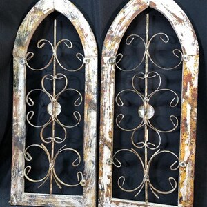 Pair Arched Wood Metal Gothic Window Frames, (12x29) Distressed Wall ...
