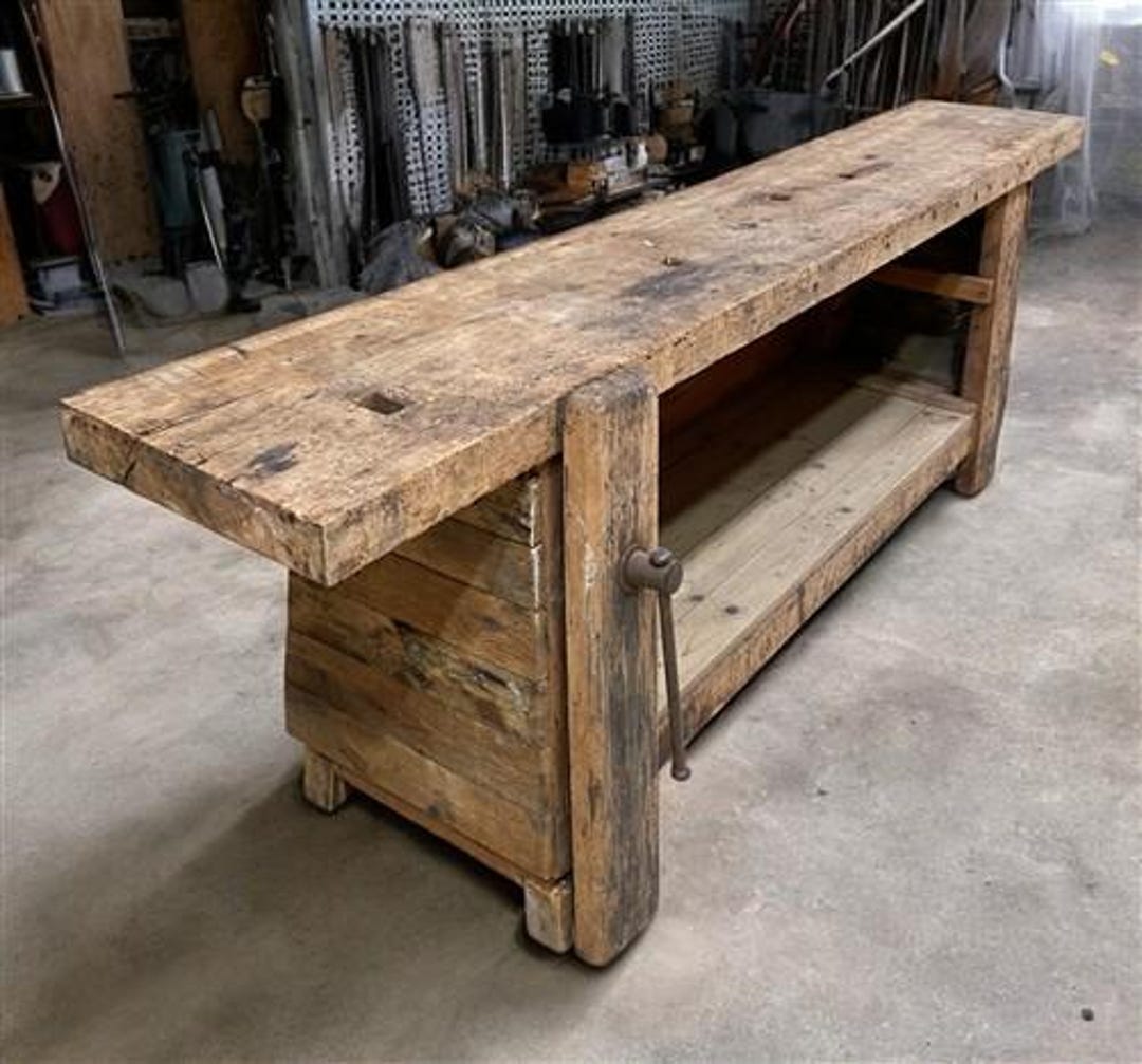 Rustic Work Table, Vintage Carpenter's Workbench, Woodworking Console ...
