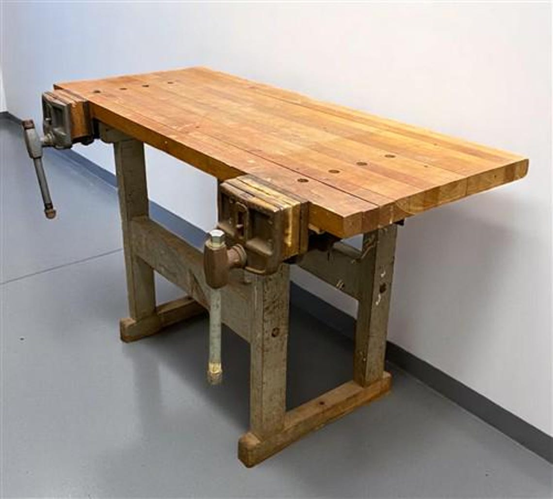 Vintage Rustic Work Table, Carpenter's Workbench, Woodworking Console ...