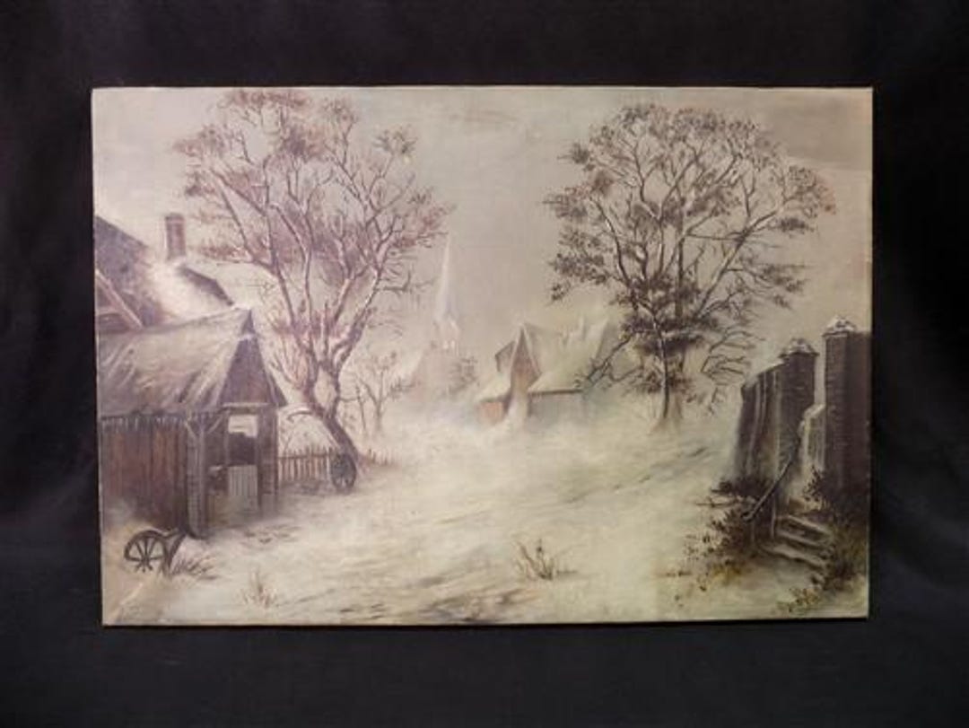 1880s Midwest Landscape Painting on Canvas, Original Art Winter Village ...
