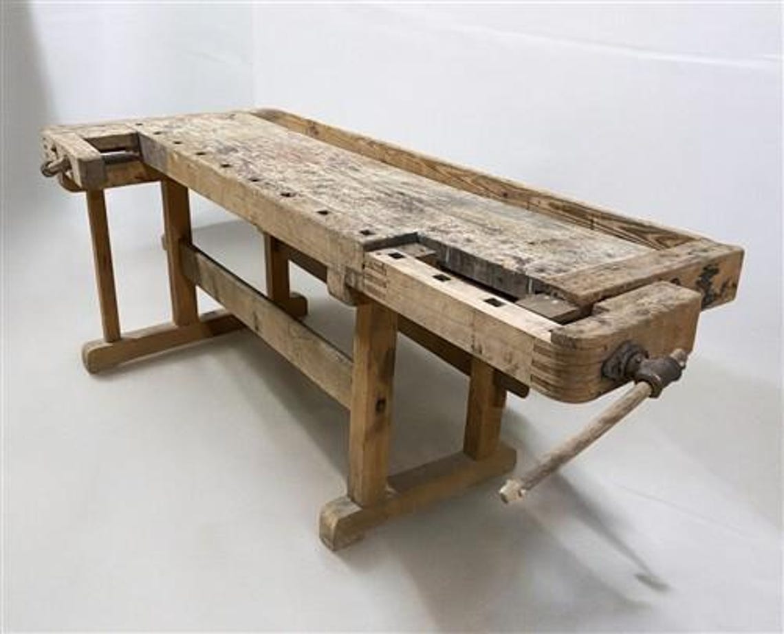 Rustic Work Table, Vintage Carpenter's Workbench, Woodworking Console ...