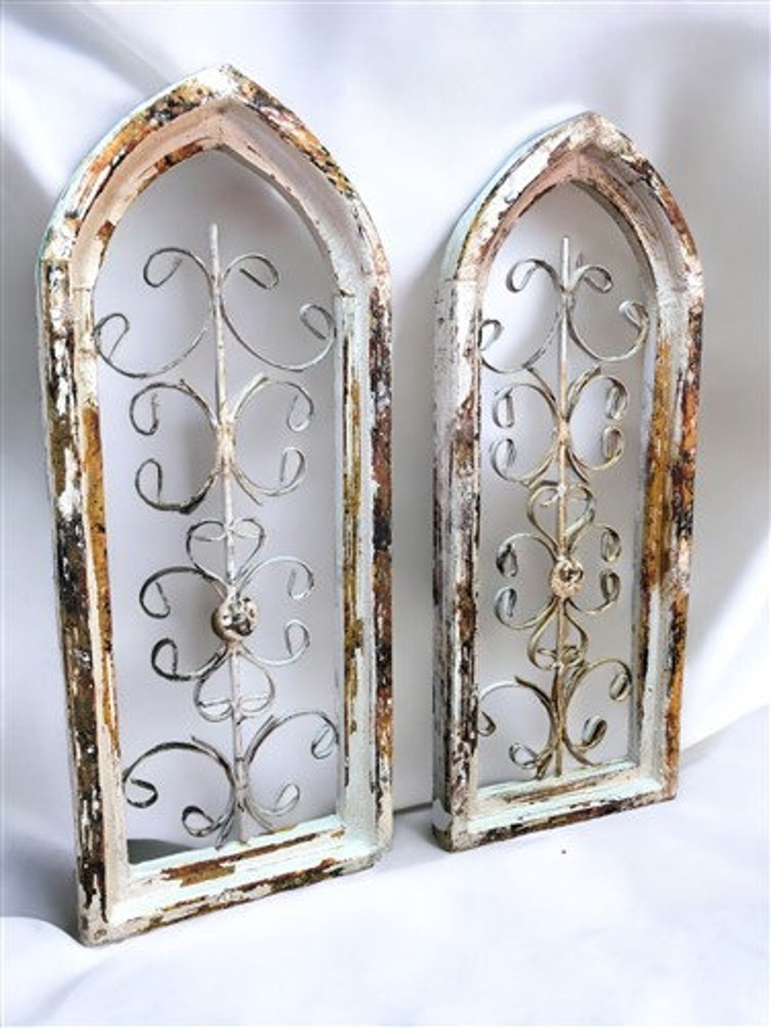 Pair Arched Wood Metal Gothic Window Frames, 10x25.5 Vintage Inspired ...