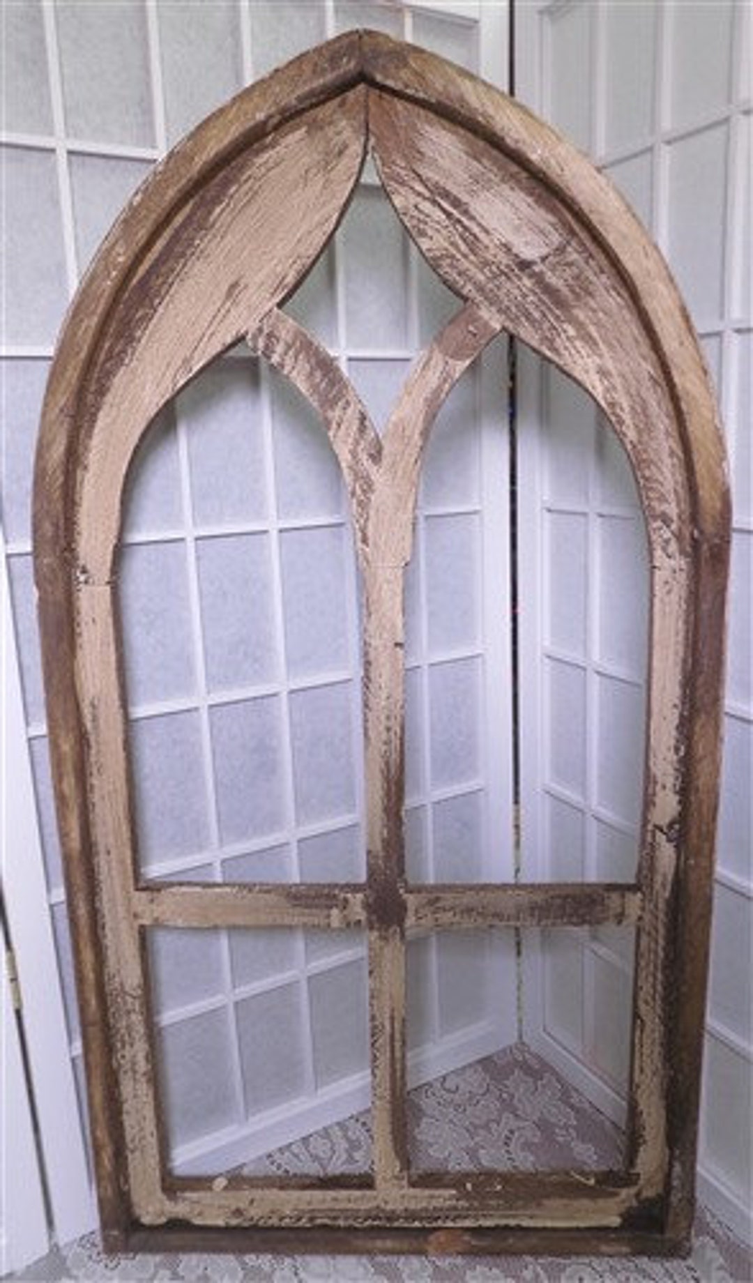 Rustic Diamond Arched Church Window, Wood Cathedral Frame, Farmhouse ...