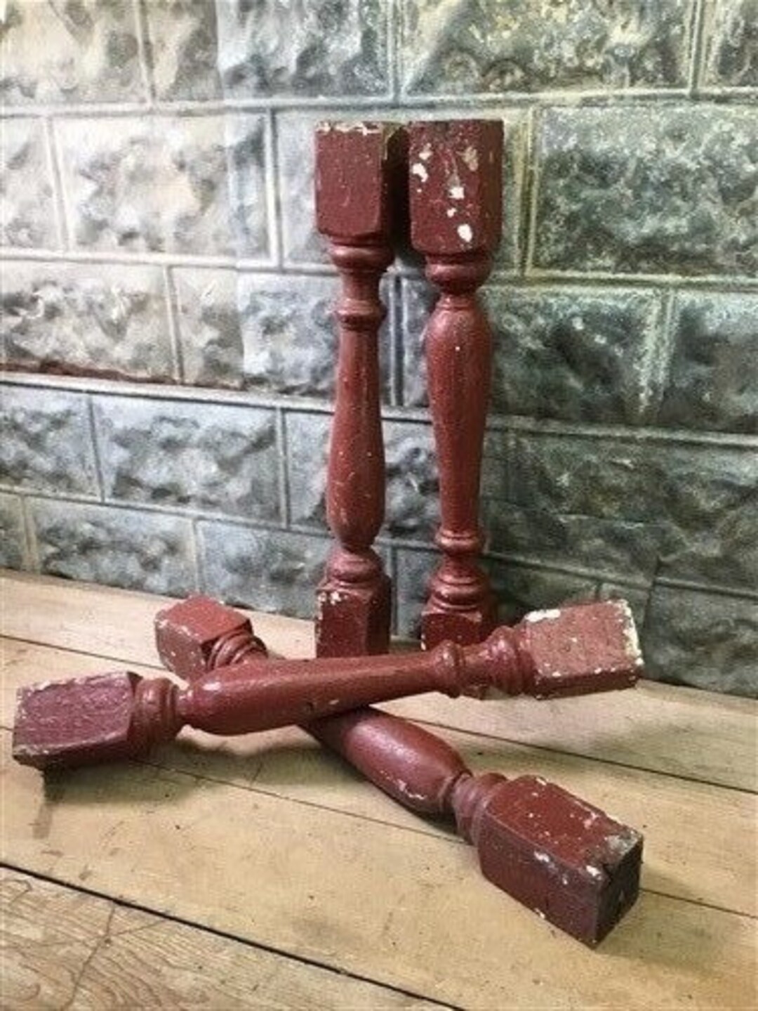 4 Balusters Rustic Red Wood Architectural Salvage Spindle Porch Post ...