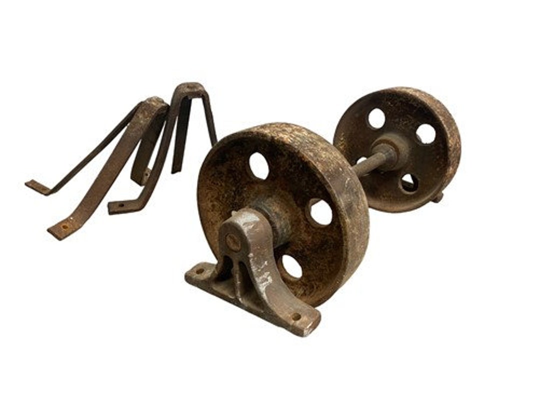 Antique Factory Cart Wheels and Axle, 2 Cast Iron Wheels & Axle ...