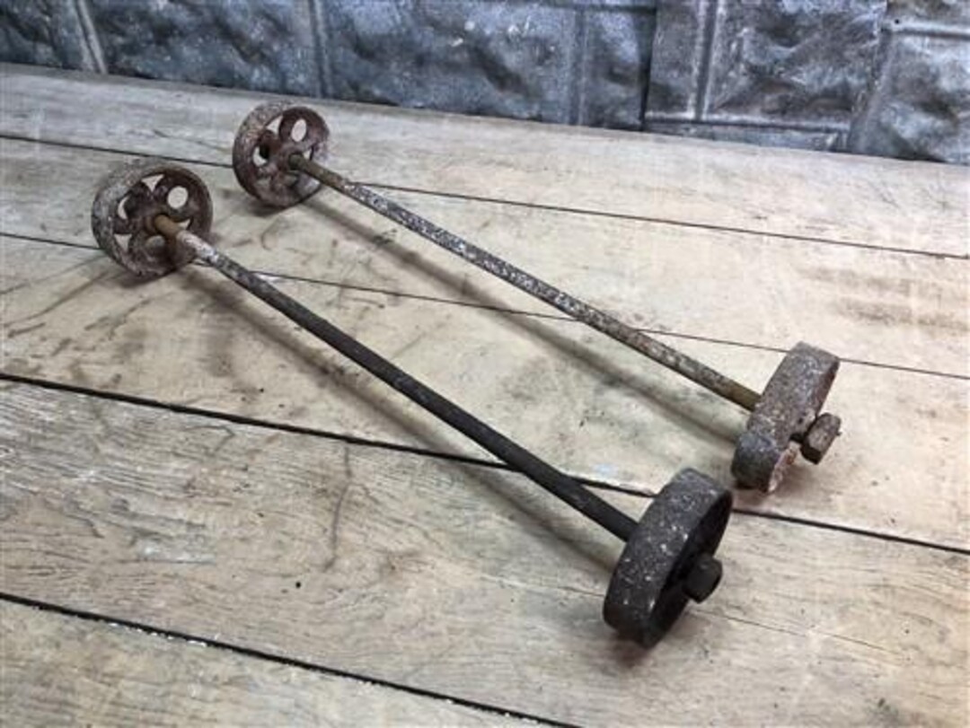 4 Factory Cart Wheels & 2 Axles Cast Iron Vintage Lineberry Industrial ...