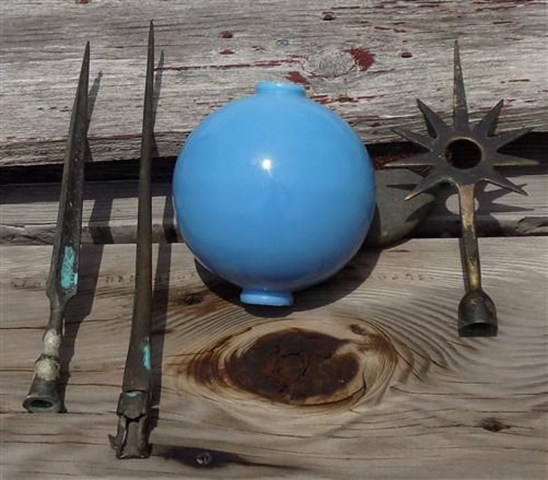 3 Lightning Rod Sunburst Spear Spike Finials, Blue Milk Glass Lightning ...