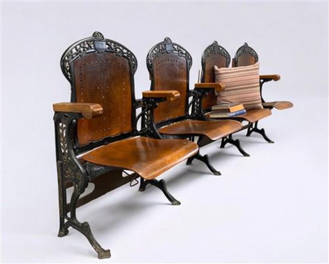4 Wood Iron Folding Theater Seats, Auditorium Seats, Entryway Bench, D8 ...