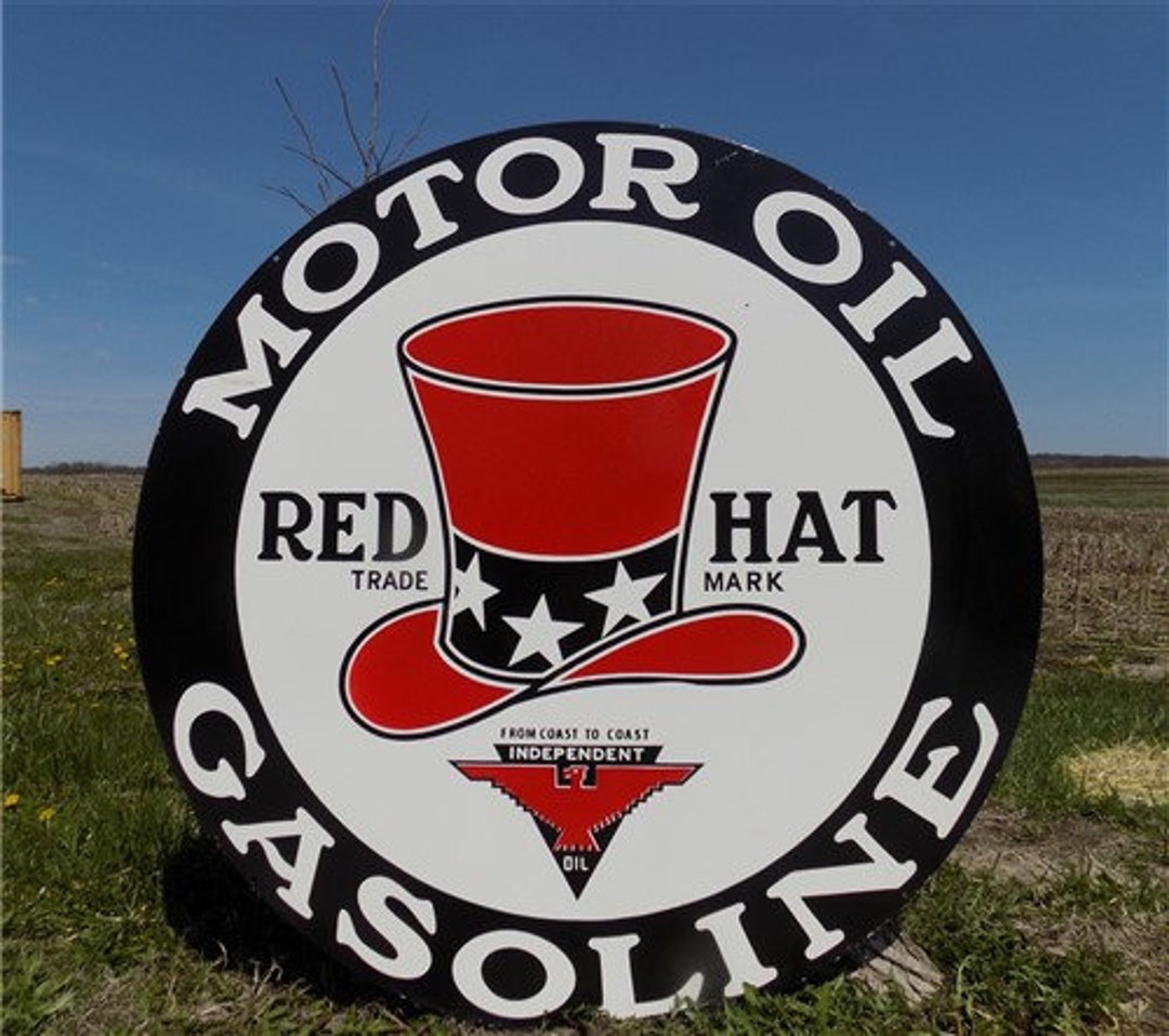 Red Hat Motor Oil Gasoline Sign, Double Sided Metal Porcelain ...