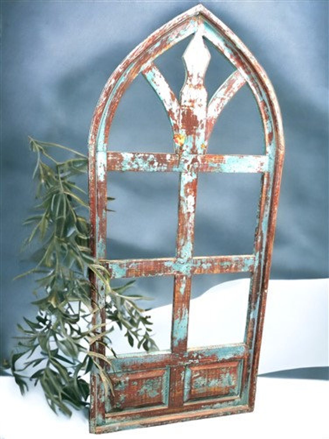 Large Arched Blue French Country Distressed Window Frame, Architectural ...