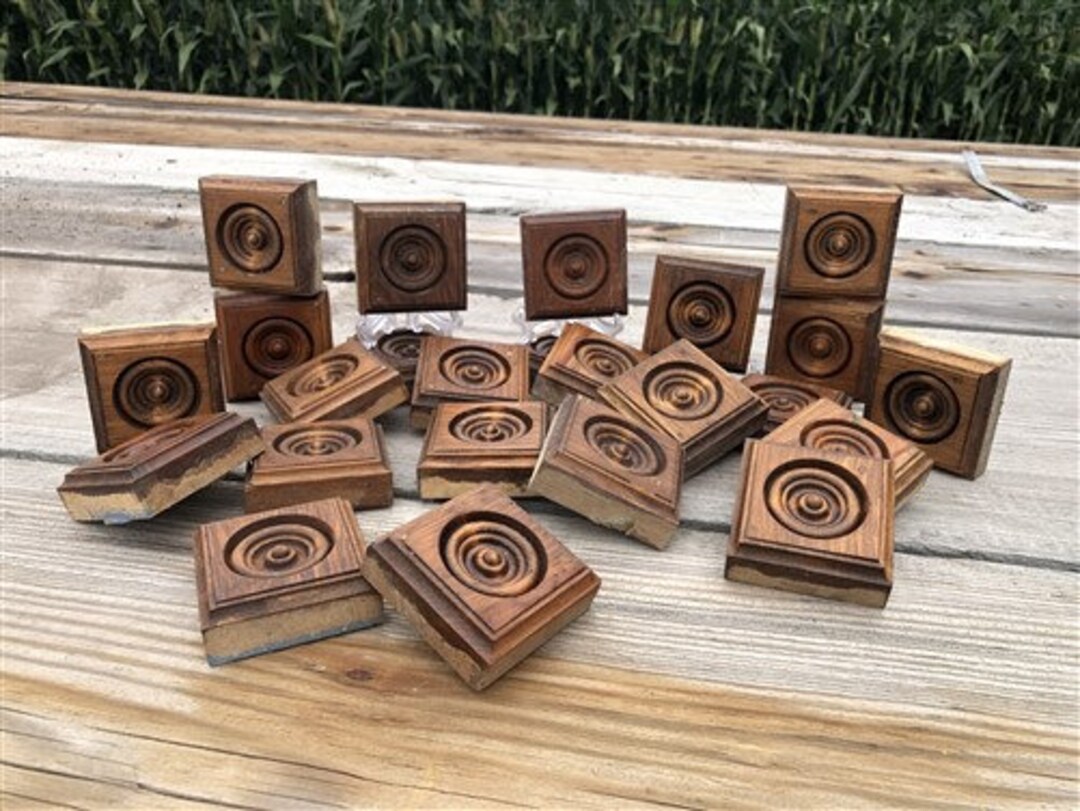 24 Mini Plinth Blocks, Bullseye Rosette, Architectural Salvage, Wood ...